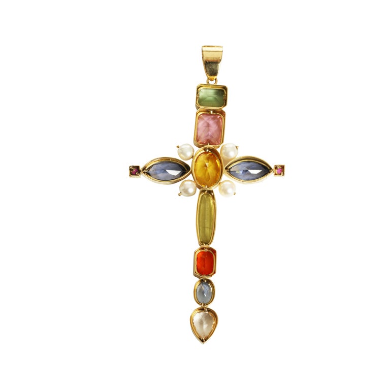 Bizanthyne Cross Hand MAde Sapphire Tourmaline Ruby Gold For Sale at ...