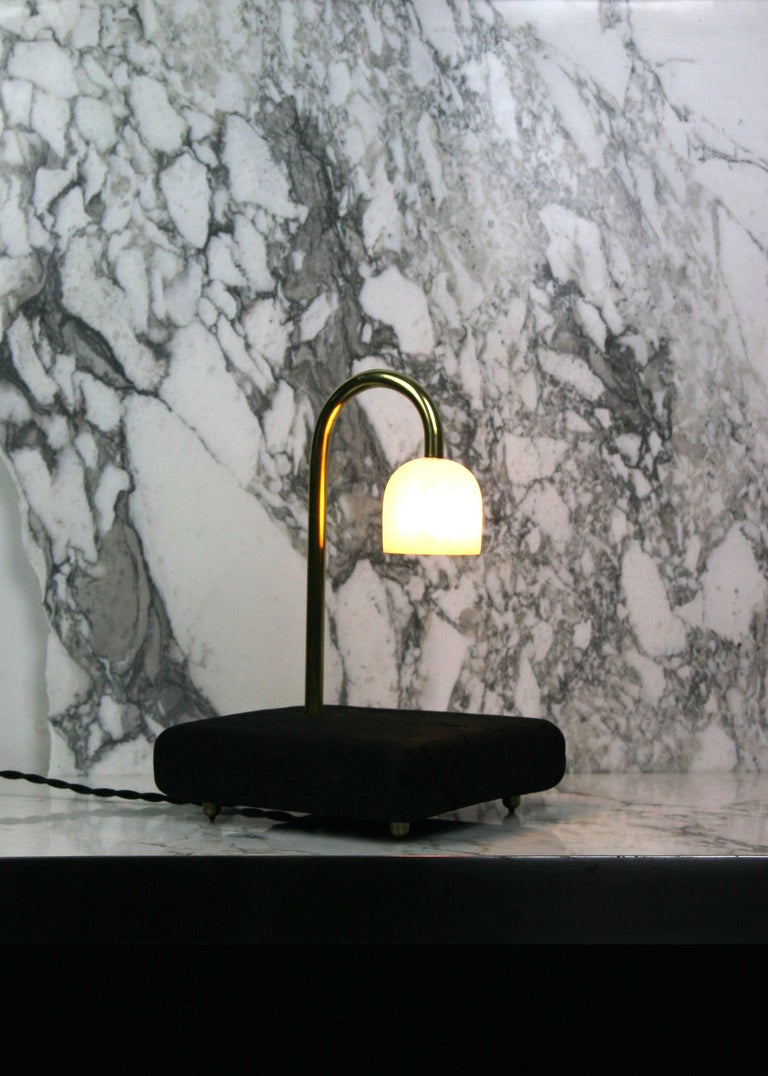 BL-01 Block Lamp of Charred Oak, Brass and Alabaster For Sale at 1stDibs