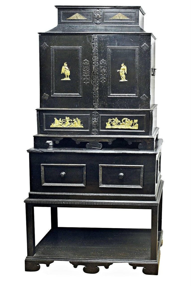 A Black 18th Century Flemish Ebonized Cabinet on Stand with Brass ...