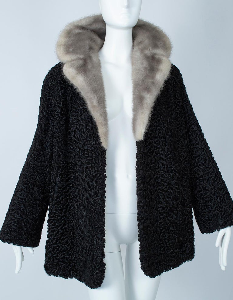 Black A-Line Astrakhan Fur Jacket with Silver Mink Collar – Large ...