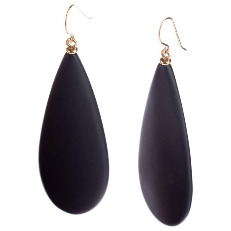 Black Agate 18 Karat Gold Cocktail Sharp Flat Tear Drop Dangle Long Art ...