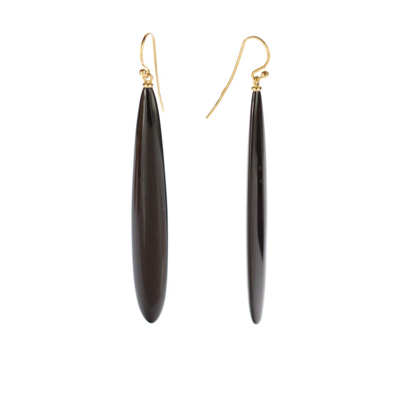 Black Agate 18 Karat Yellow Gold Cocktail Tear Thin Long Sharp Dangle ...