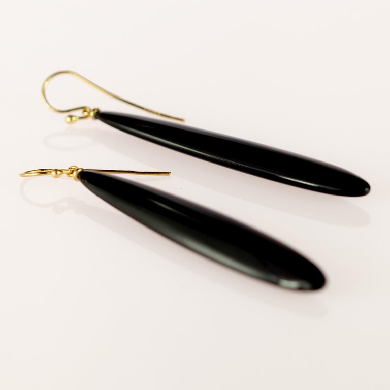 Black Agate 18 Karat Yellow Gold Cocktail Tear Thin Long Sharp Dangle ...