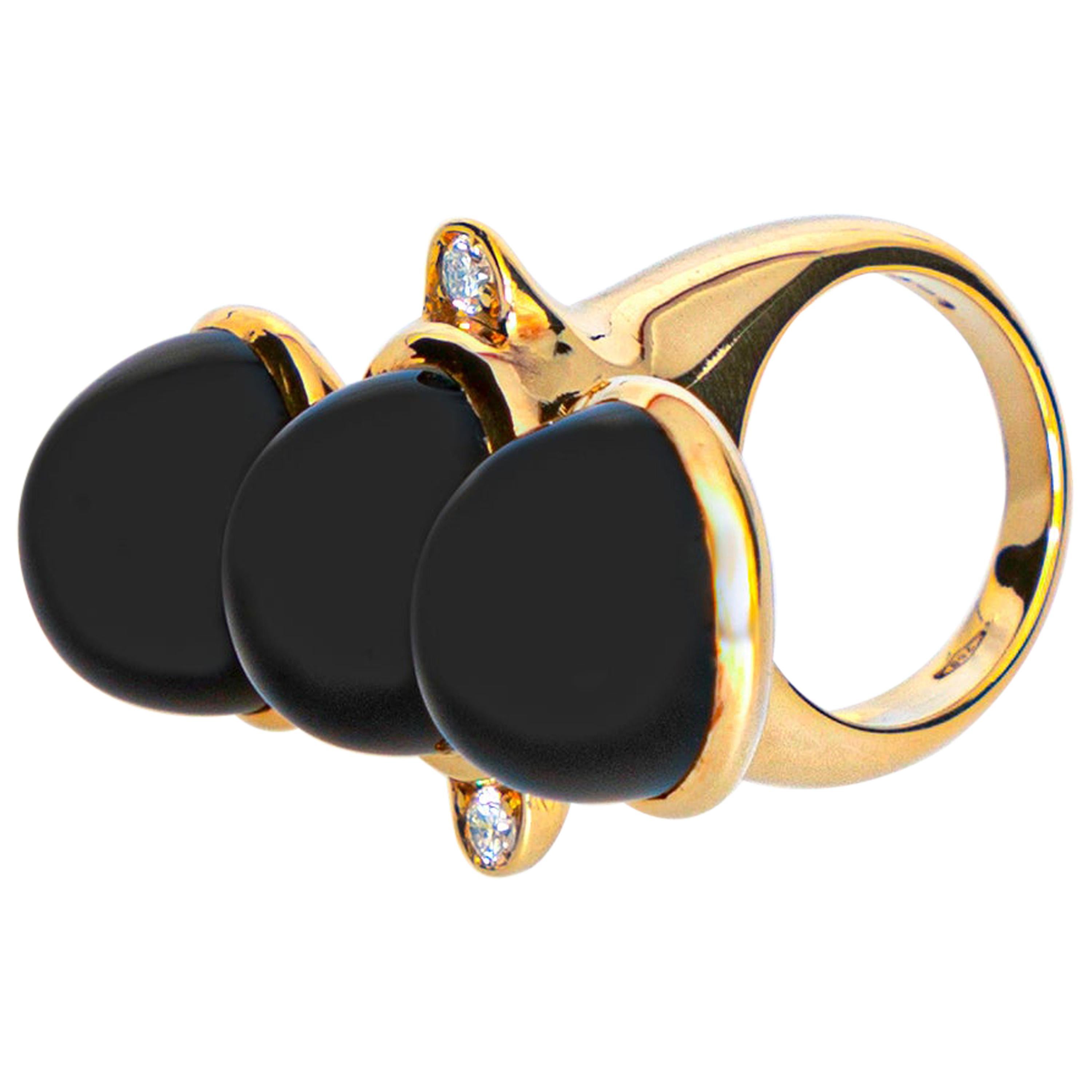 Black Agate Diamond 18 Karat Yellow Gold Three Stones Cocktail Handmade ...