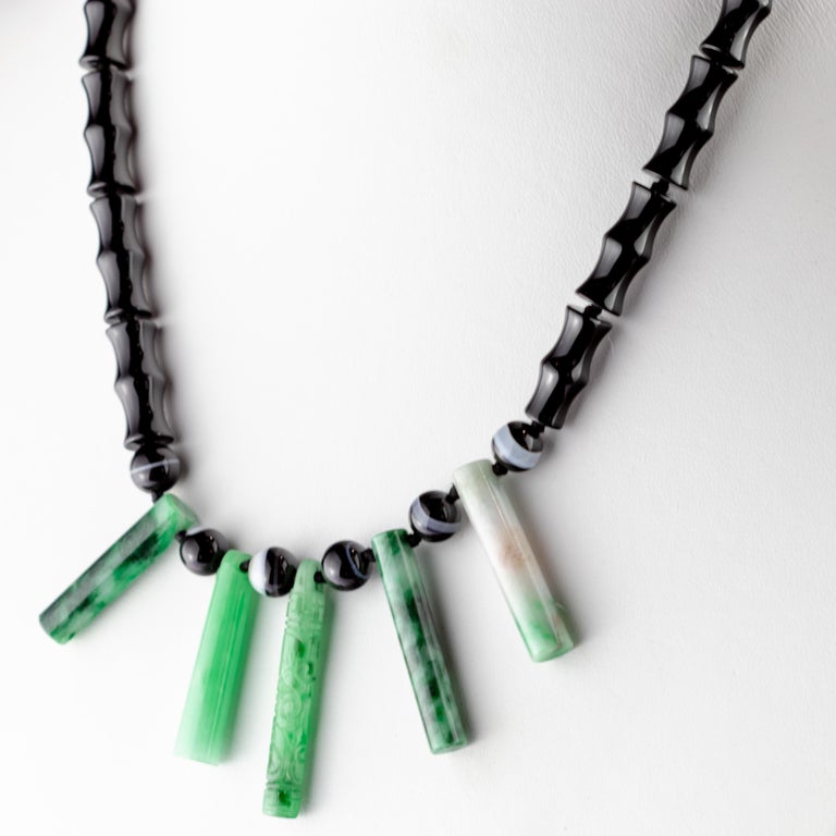 Black Agate Jade Stick Pendant 925 Sterling Silver Indian Deco Beaded ...