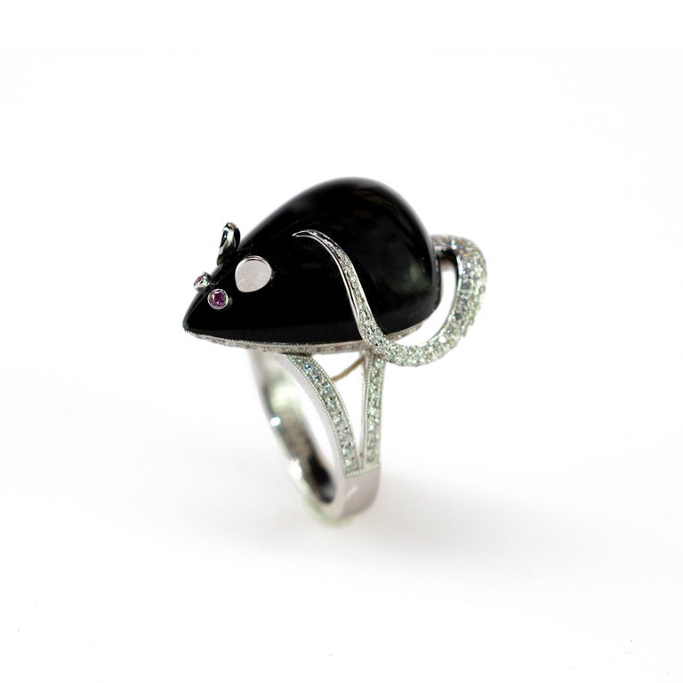 Black Agate Mouse Diamond Ruby 18 Karat White Gold Animal Rat Handcraft ...