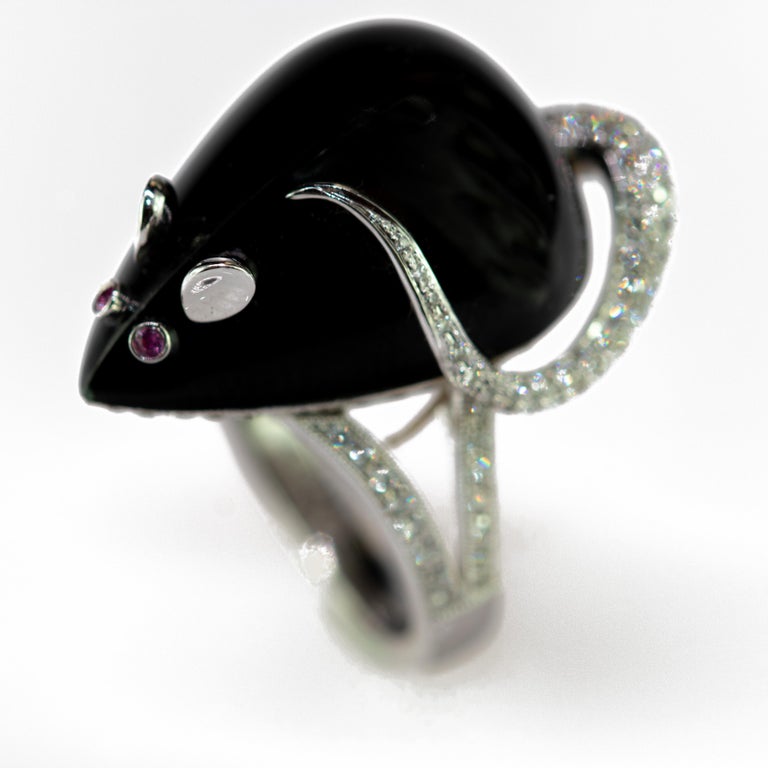 Black Agate Mouse Diamond Ruby 18 Karat White Gold Animal Rat Handcraft ...