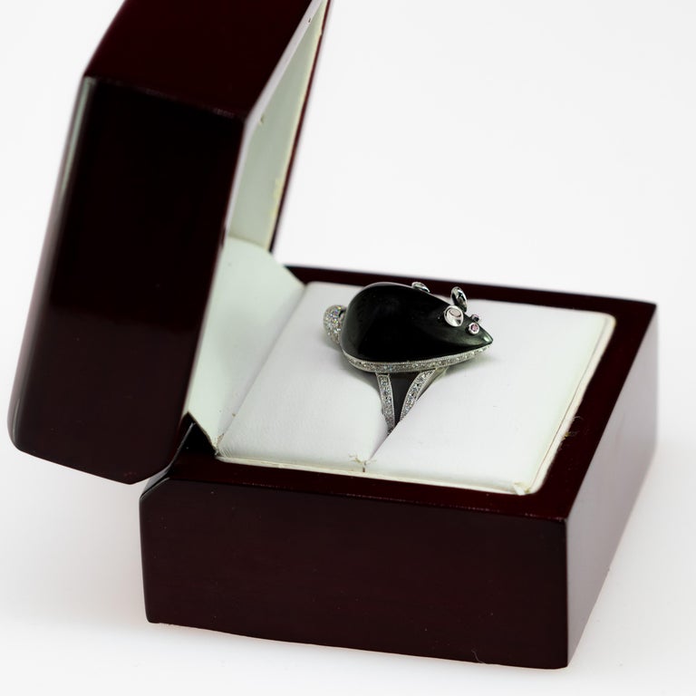 Black Agate Mouse Diamond Ruby 18 Karat White Gold Animal Rat Handcraft ...