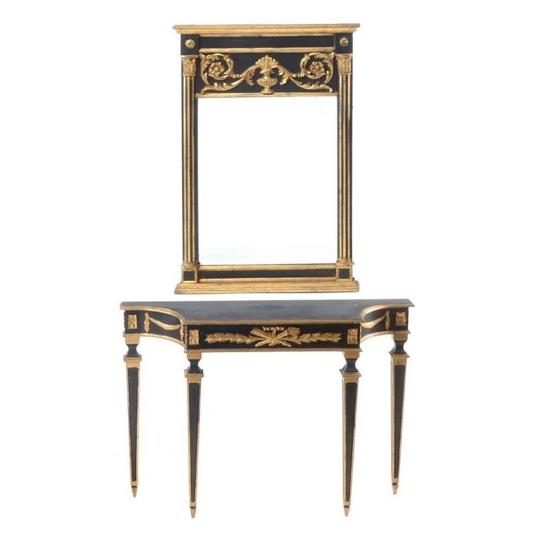 Black and Gold Louis XVI French Console Hall Table with Mirror For Sale ...