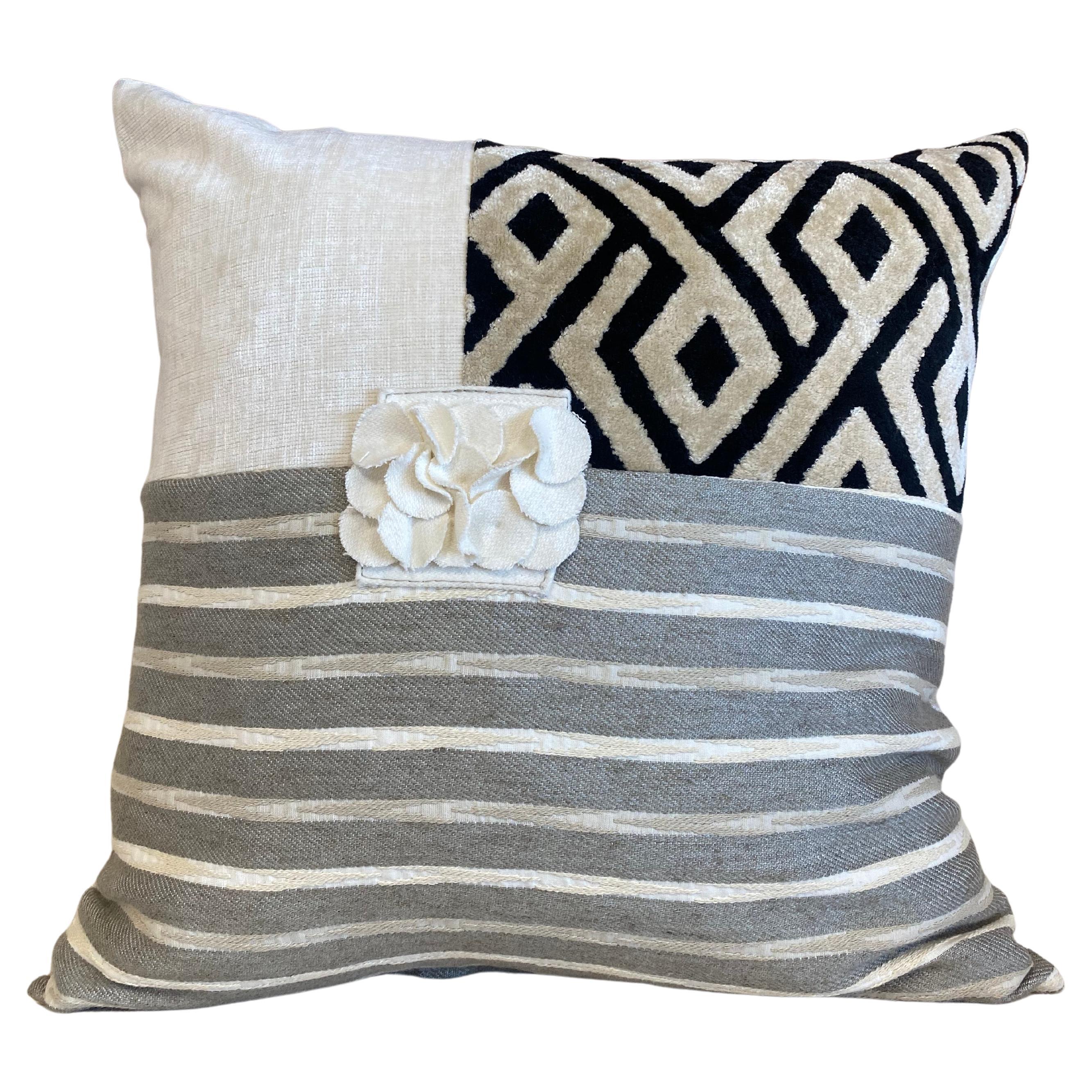 Black and Ivory Pillow with Wool Flower Detail with Velvet Accents For ...