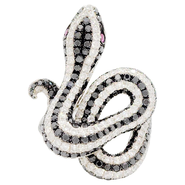 Bague cocktail serpent en or blanc 18 carats avec diamants noirs et ...
