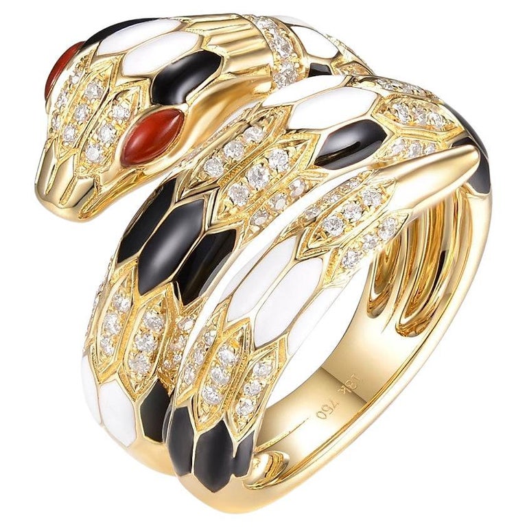 Black and White Enamel Snake Diamond Ring in 18 Karat Yellow Gold For ...