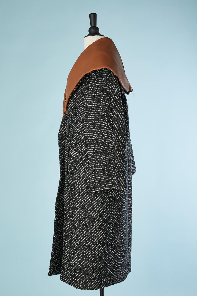 Black and white mottled wool coat with leather collar and zip JW ...
