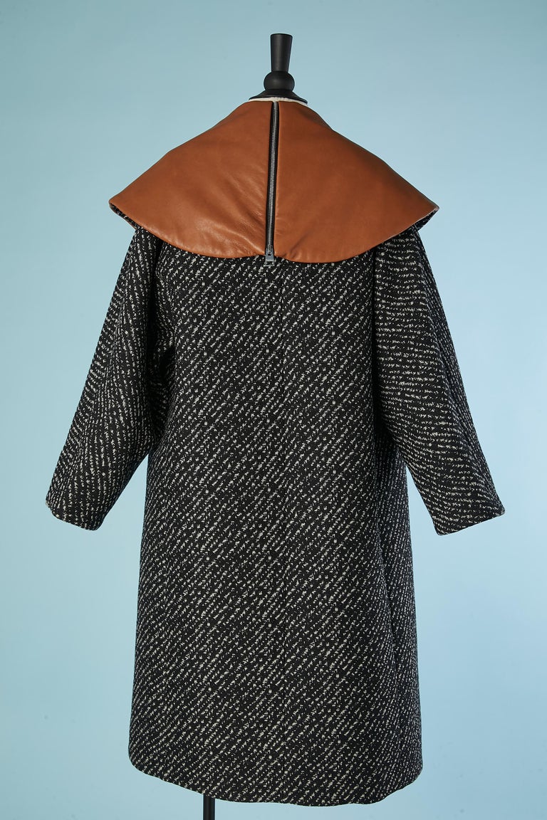 Black and white mottled wool coat with leather collar and zip JW ...