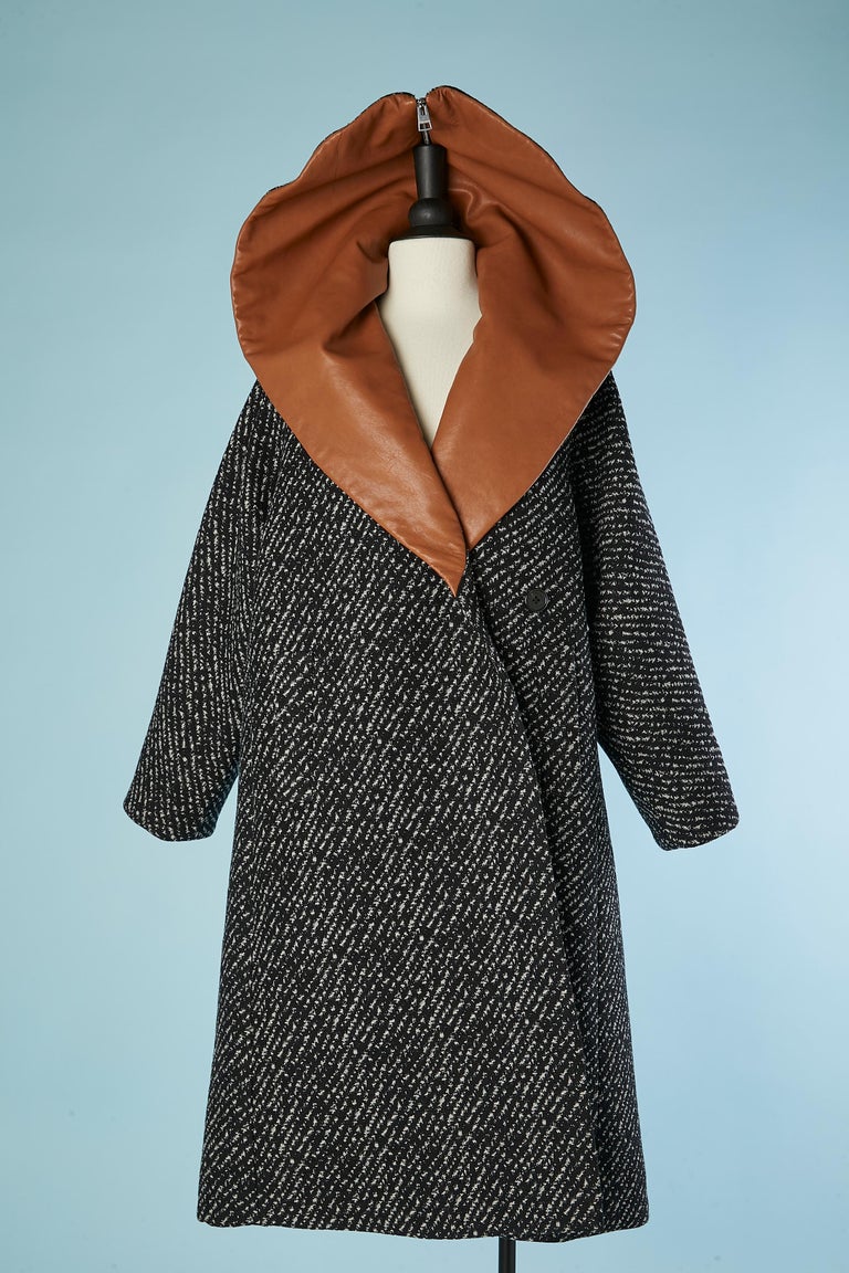 Black and white mottled wool coat with leather collar and zip JW ...