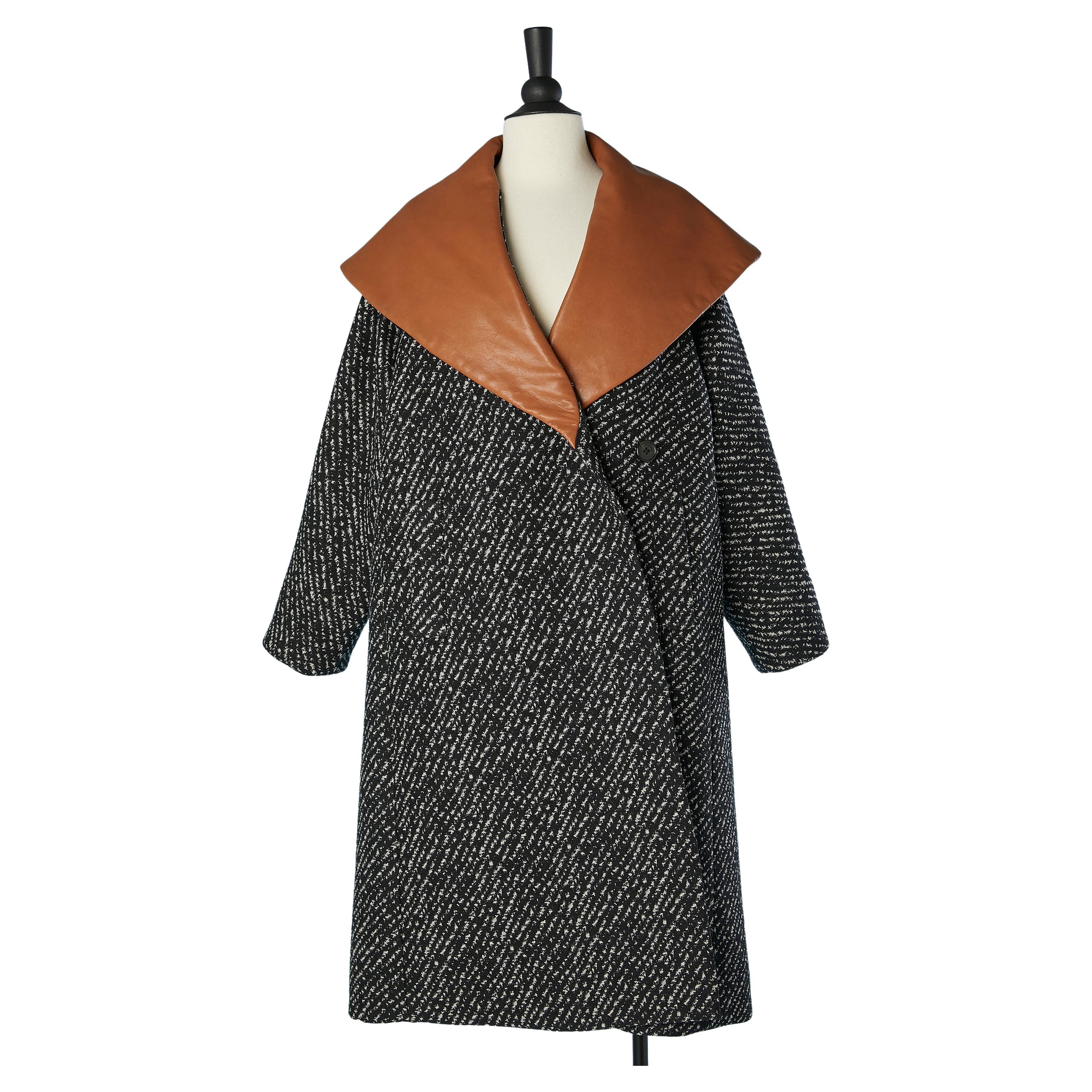 Black and white mottled wool coat with leather collar and zip JW ...