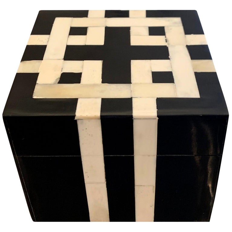 Black and White Square Bone Inlay Box, India, Contemporary at 1stDibs