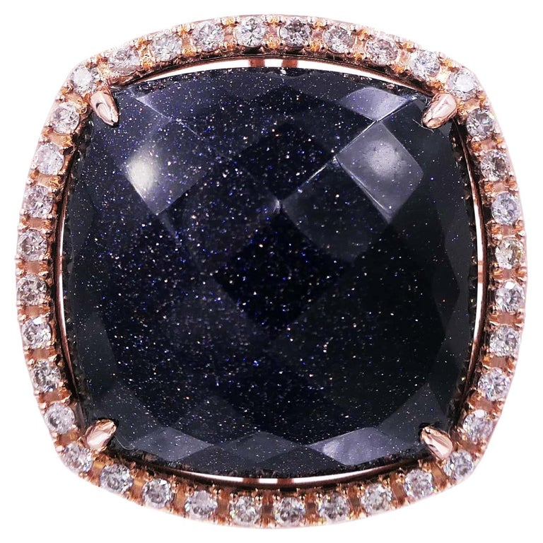 Black Aventurine Cushion Cabochon Diamonds 14 Karat Rose Gold Halo Ring ...