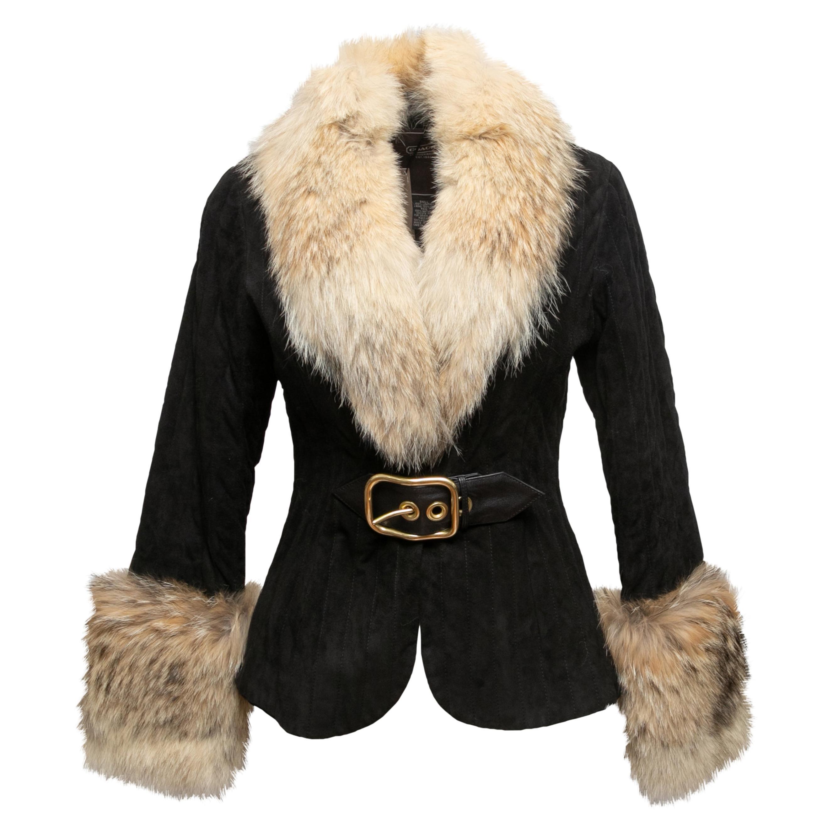 Black and Beige Coach Fur-Trimmed Suede Jacket Size US 6 For Sale at ...