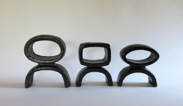 Black Ceramic TOTEM Trio, 3 Hand Built Sculptures, Rings on Arc'd Legs ...