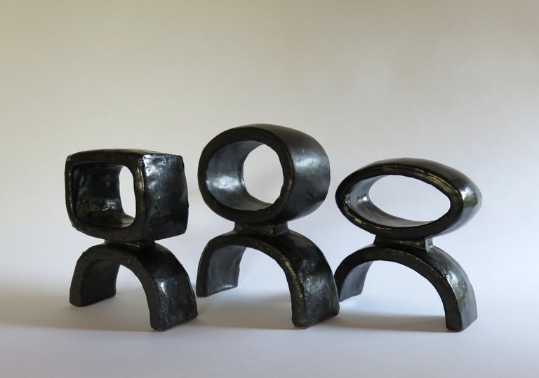 Black Ceramic TOTEM Trio, 3 Hand Built Sculptures, Rings on Arc'd Legs ...