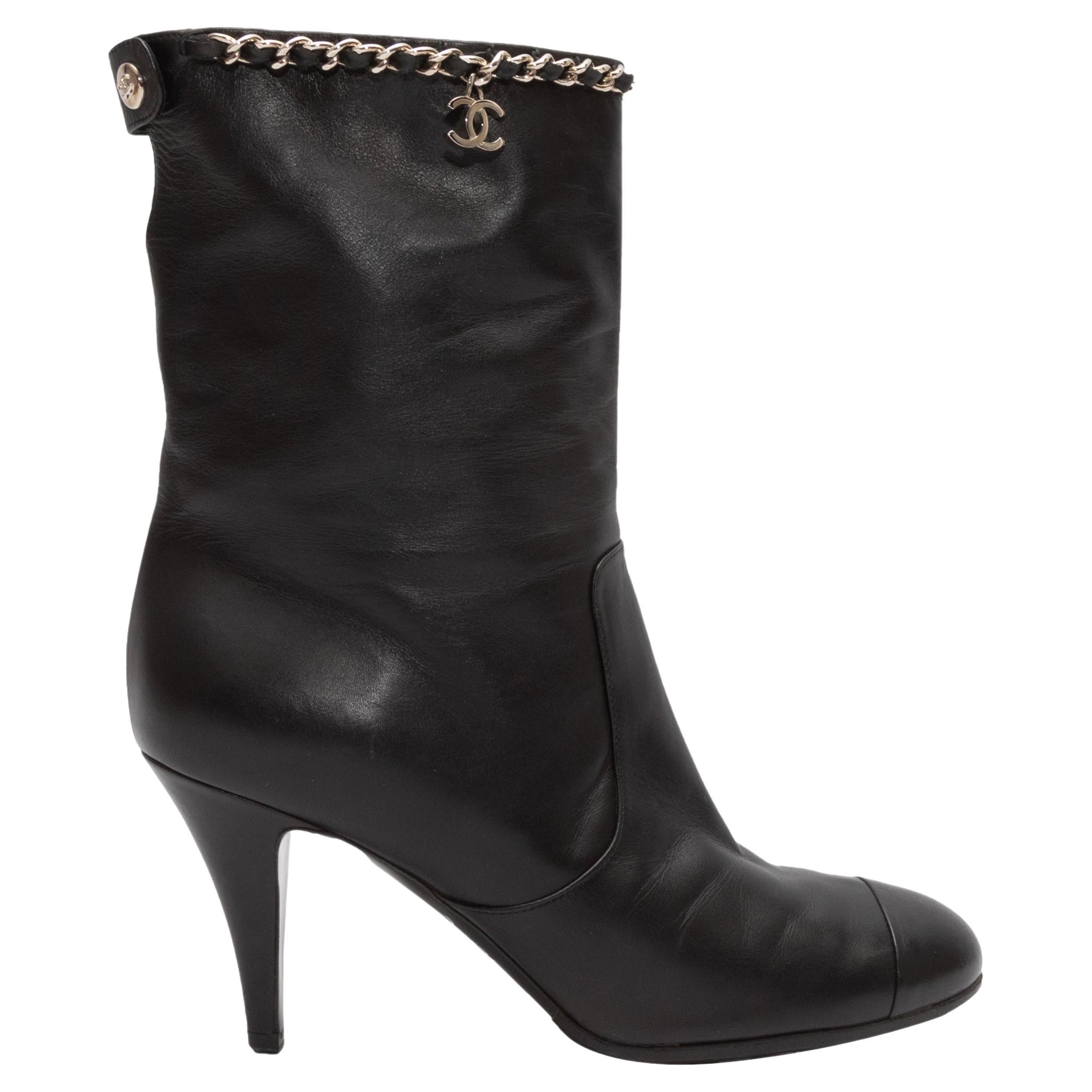 Black Chanel Mid-Calf Cap-Toe Leather Boots For Sale at 1stDibs