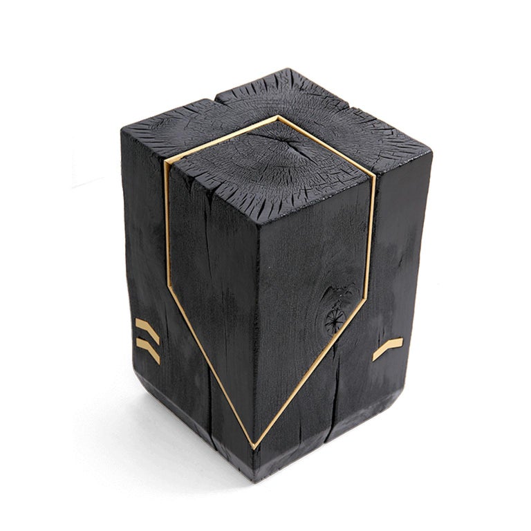 Modern Bespoke Black, Gold Cube Charred Wood Side Coffee Table For Sale ...