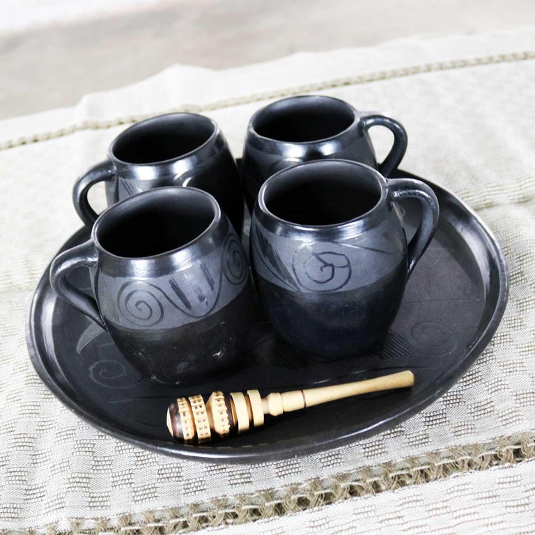 Black Clay Barro Negro Pottery Hot Chocolate Set Oaxaca Mexico Mugs and ...