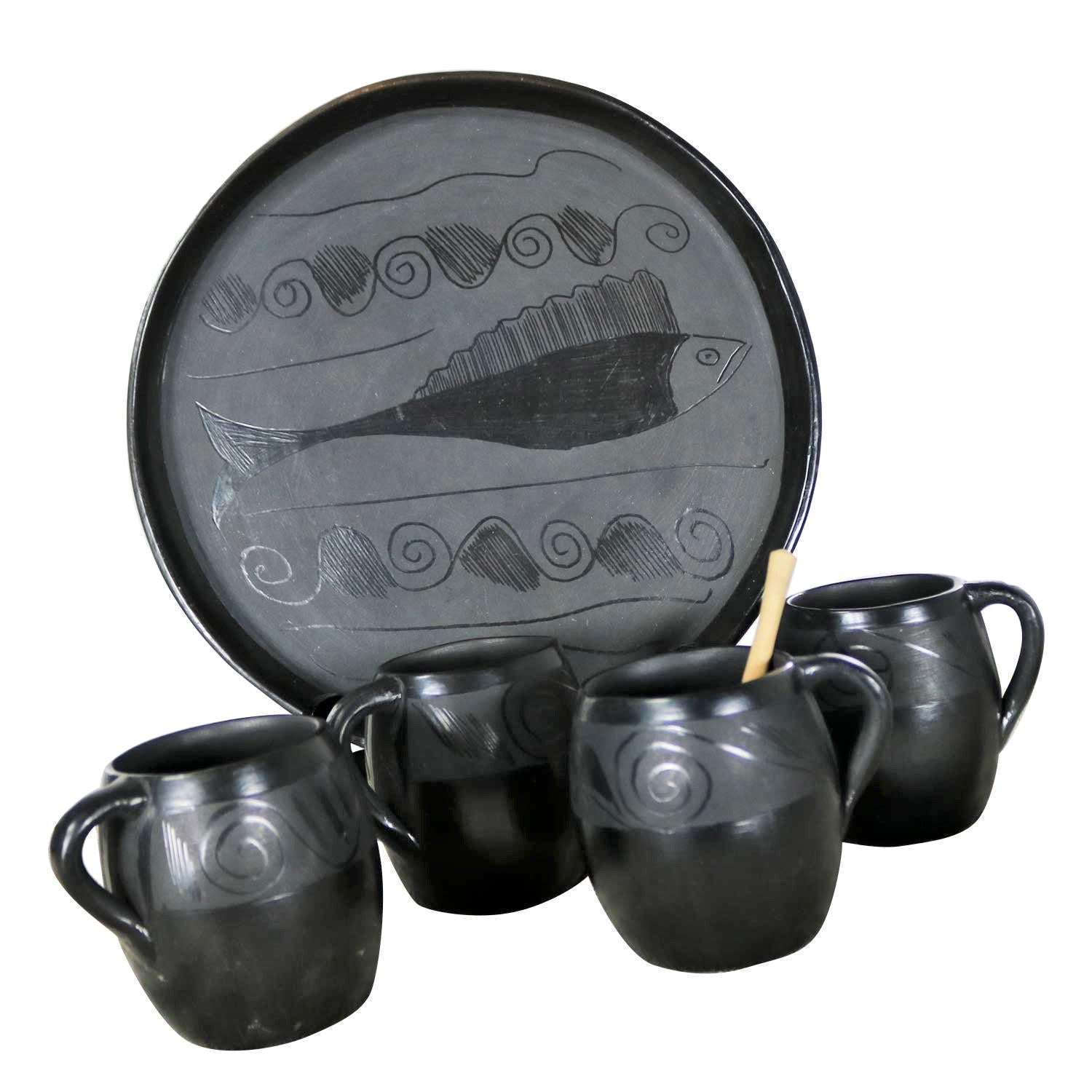 Black Clay Barro Negro Pottery Hot Chocolate Set Oaxaca Mexico Mugs and ...