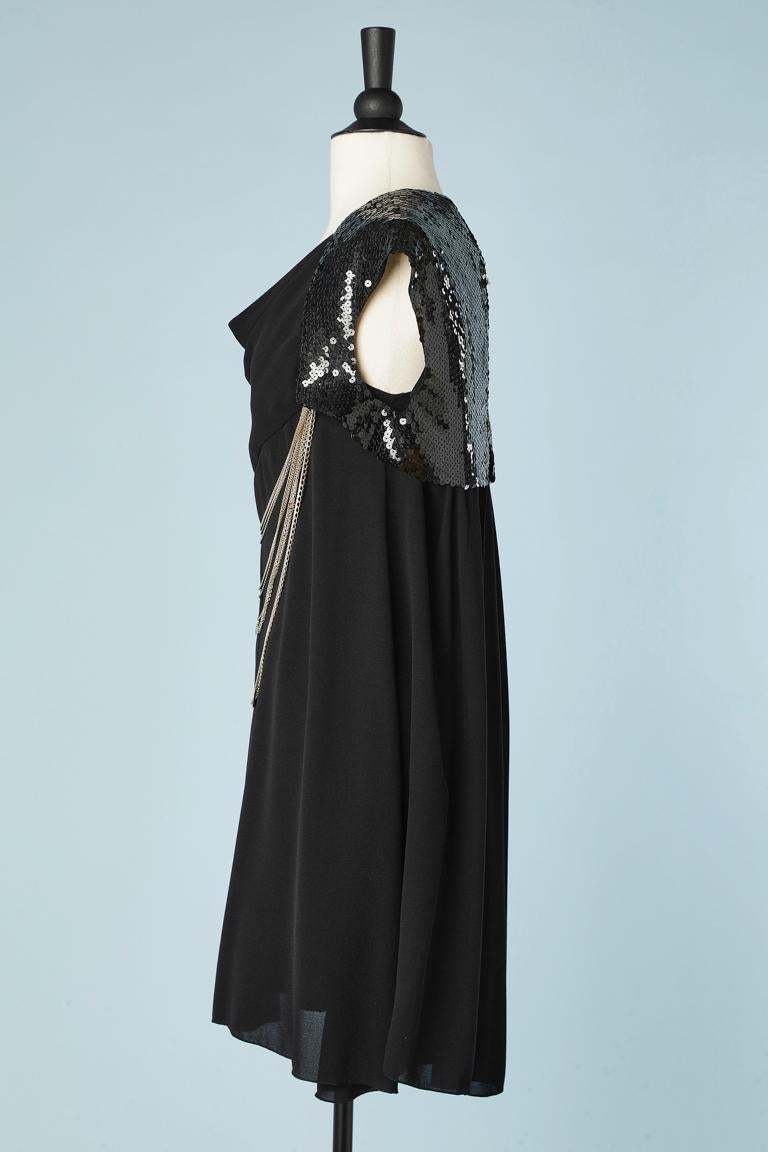Black cocktail dress in silk chiffon ,sequins and metallic silver chain ...