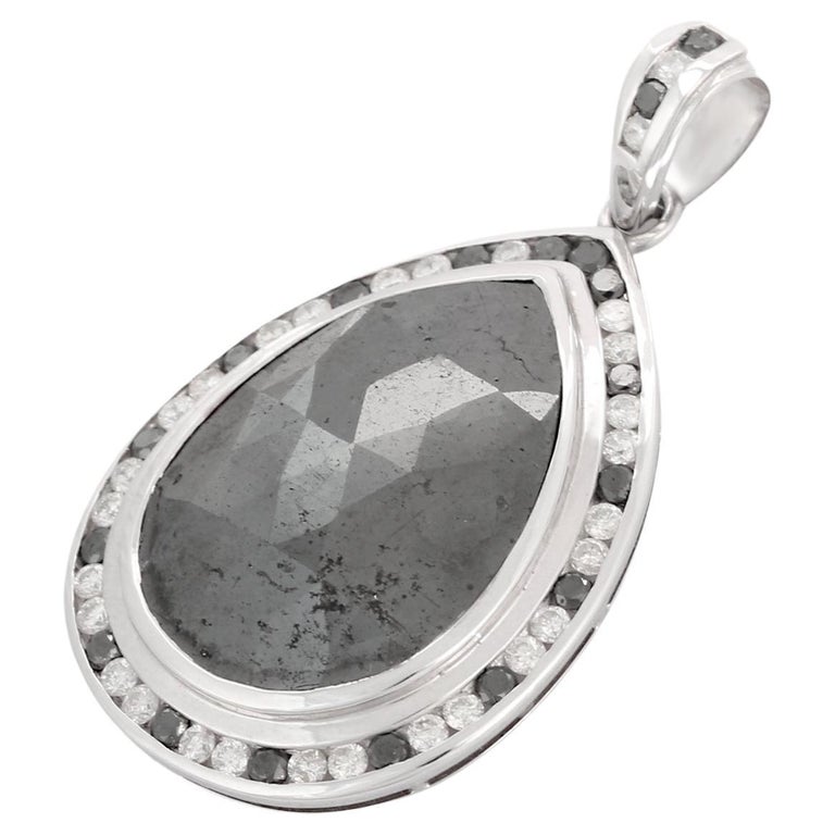 Black Diamond and White Diamond Pendant in 18K Solid White Gold For ...