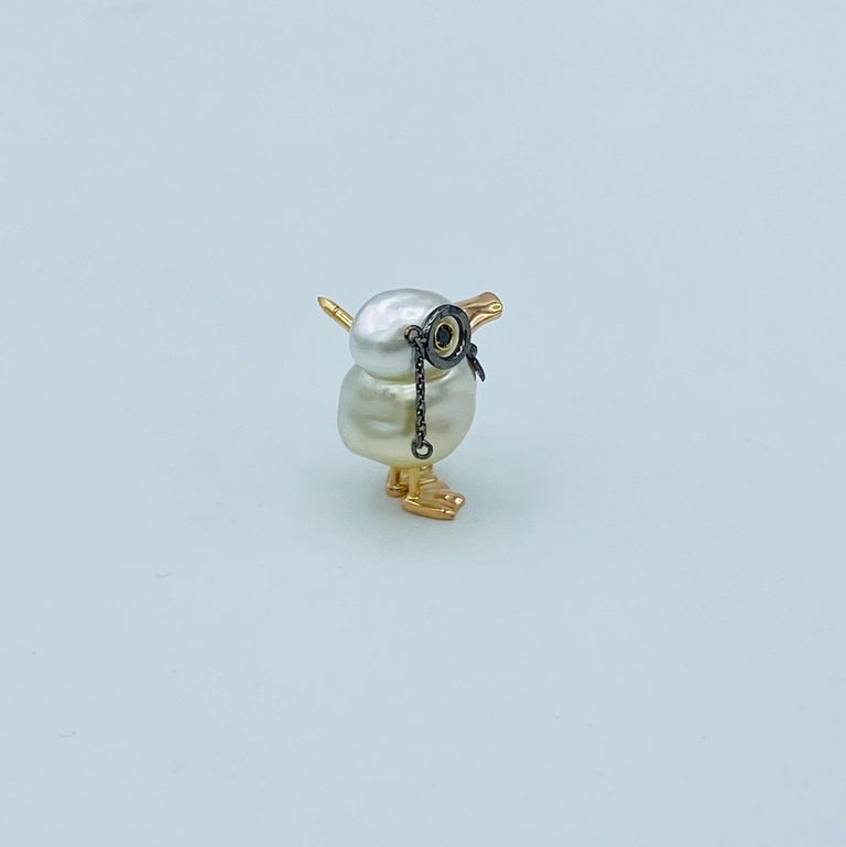 Black Diamond Australian Pearl 18kt Gold Pin Brooch Monocle Duck, Made ...