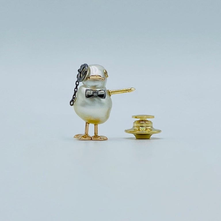 Black Diamond Australian Pearl 18kt Gold Pin Brooch Monocle Duck, Made ...