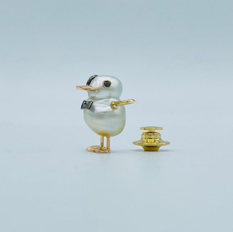 Black Diamond Australian Pearl 18kt Gold Pin Brooch Monocle Duck, Made ...