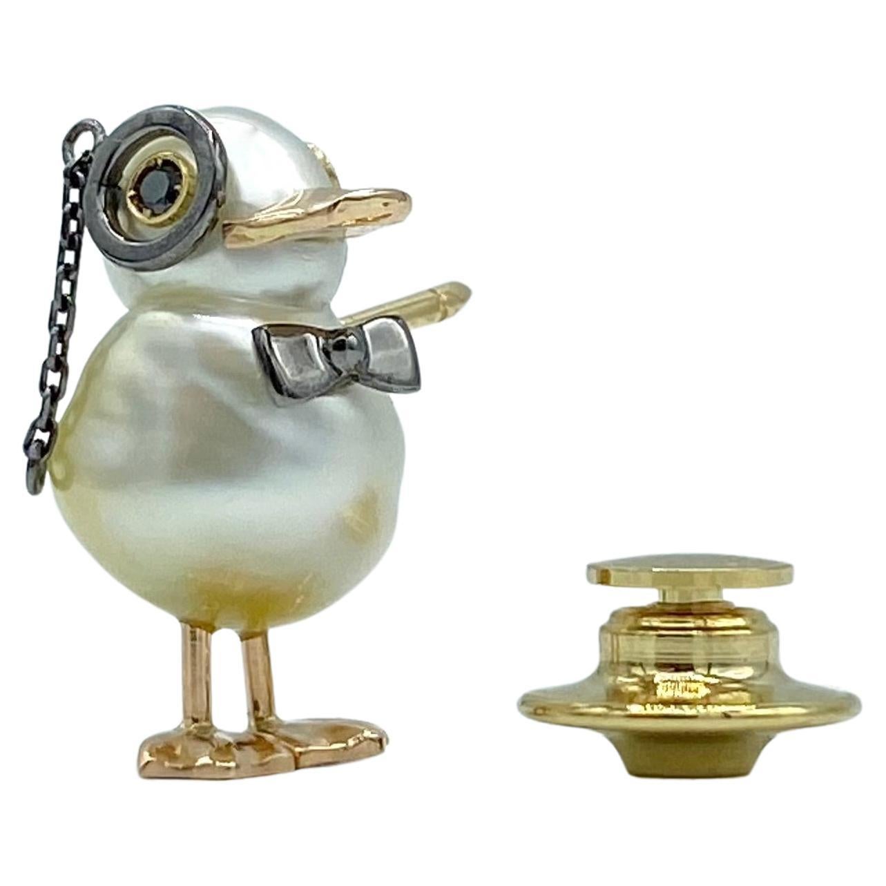 Black Diamond Australian Pearl 18kt Gold Pin Brooch Monocle Duck, Made ...