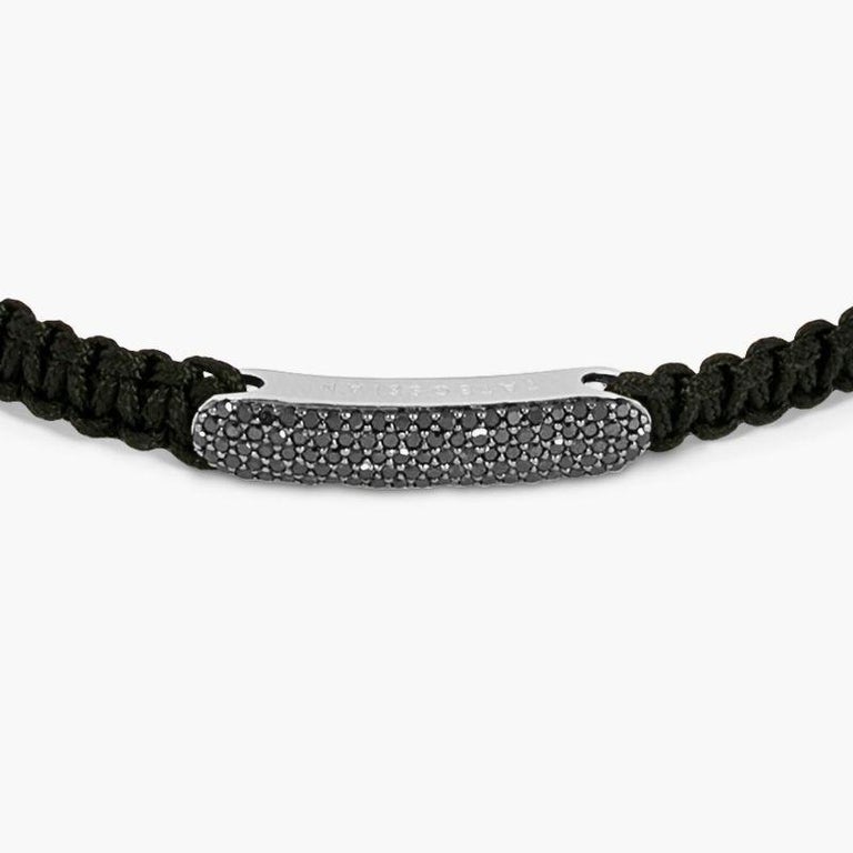 Black Diamond Baton Bracelet in Black Macramé and Sterling Silver, Size ...