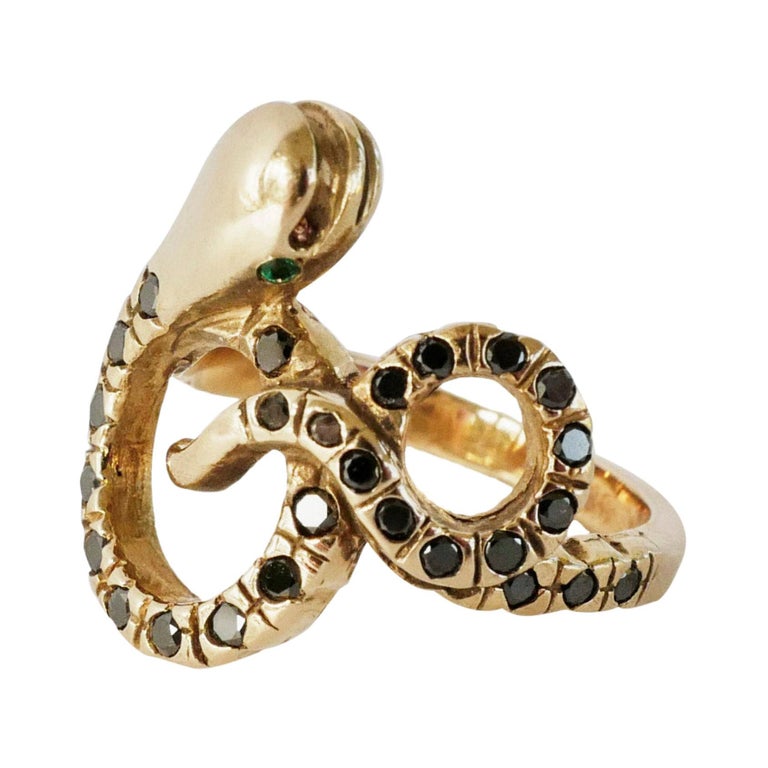 Black Diamond Emerald Snake Ring For Sale at 1stDibs
