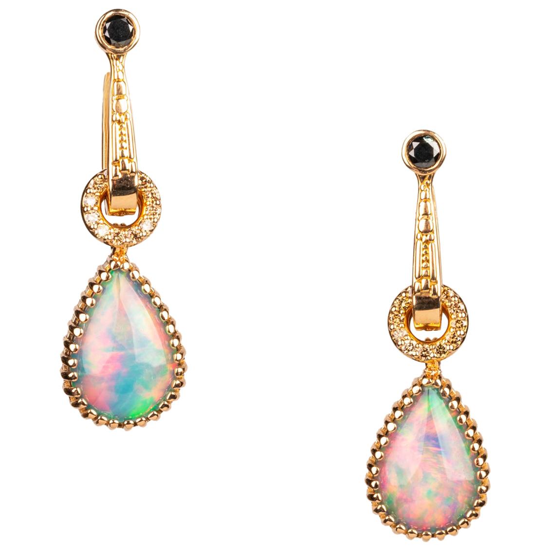 Black Diamond Hoops with Ethiopian Opals and Champagne Diamond Circles ...