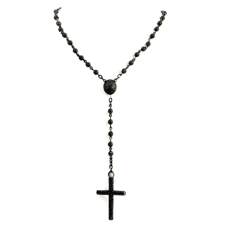 Black Diamond Rosary Gold Long Drop Beaded Cross Pendant Necklace at ...