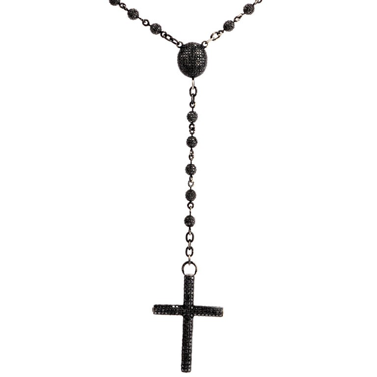 Black Diamond Rosary Gold Long Drop Beaded Cross Pendant Necklace at ...