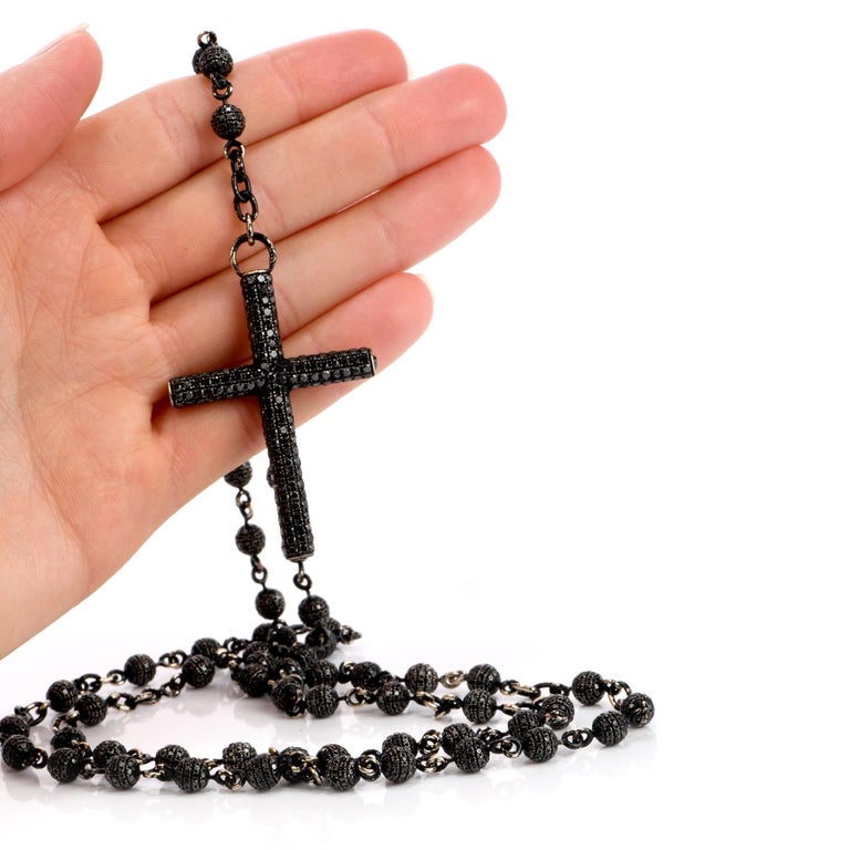 Black Diamond Rosary Gold Long Drop Beaded Cross Pendant Necklace at ...