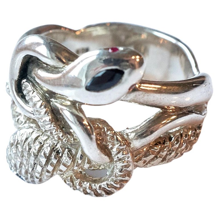 Black Diamond Ruby Blue Sapphire Snake Ring Sterling Silver Unisex J Dauphin For Sale at 1stDibs