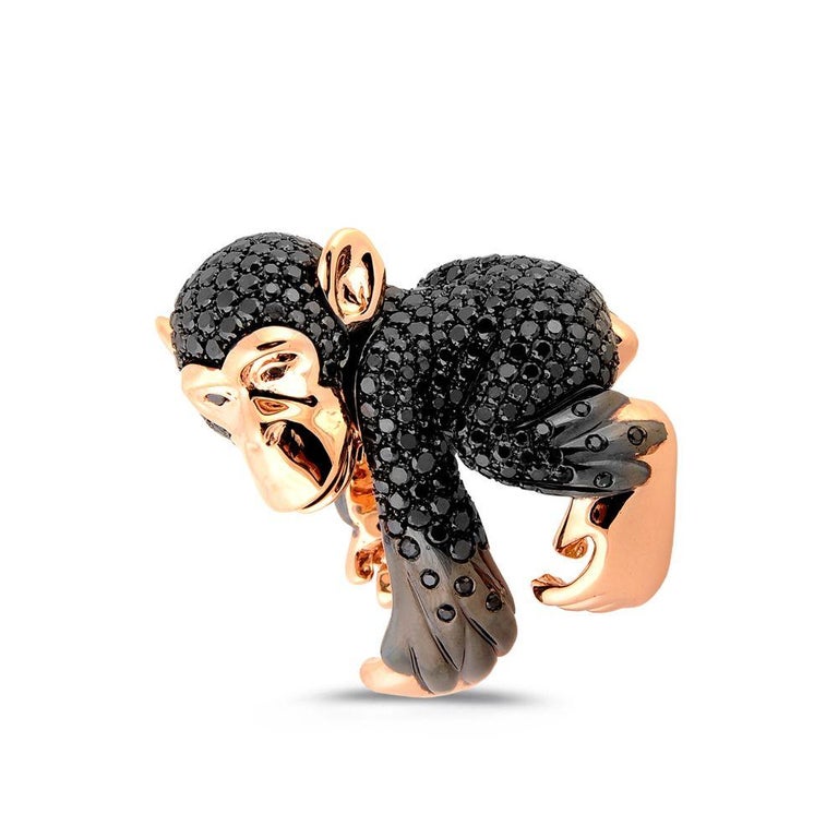 Black Diamonds Pavè Monkey Hugging Chimp Fashion Ring For Sale at 1stDibs