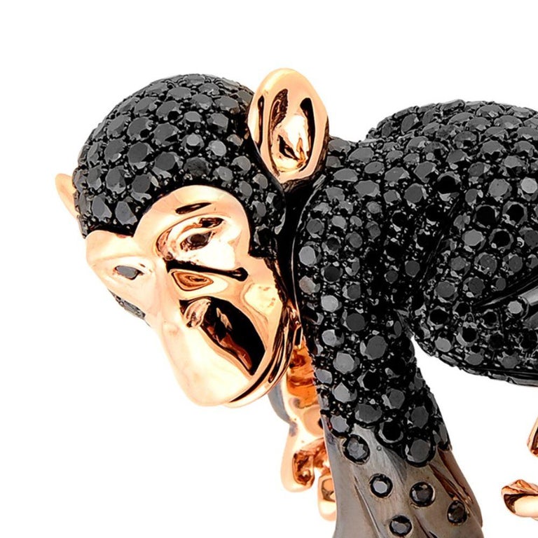 Black Diamonds Pavè Monkey Hugging Chimp Fashion Ring For Sale at 1stDibs