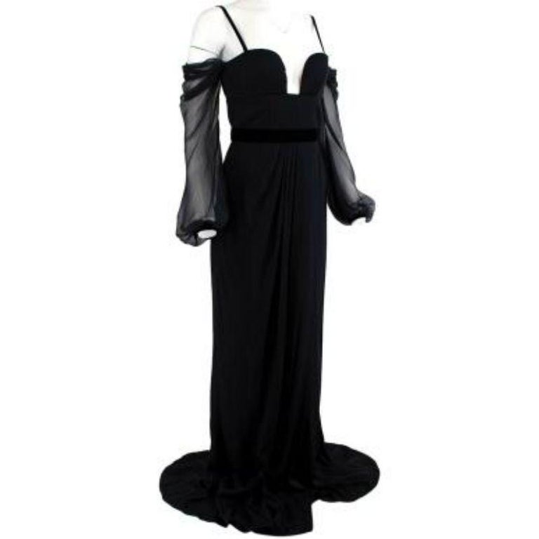 Black Draped Gown With Sheer Sleeves For Sale at 1stDibs