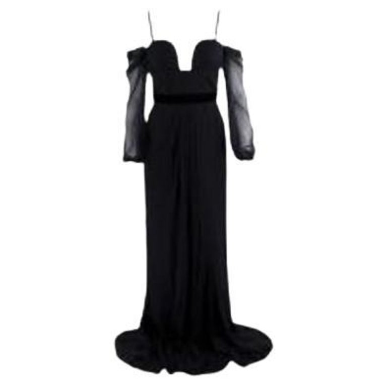Black Draped Gown With Sheer Sleeves For Sale at 1stDibs