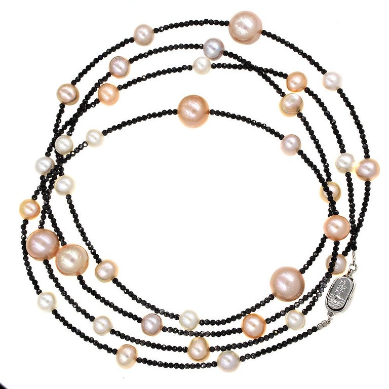 Black Faceted Spinel and Fresh Water Multicolor Pearl Flapper Necklace ...