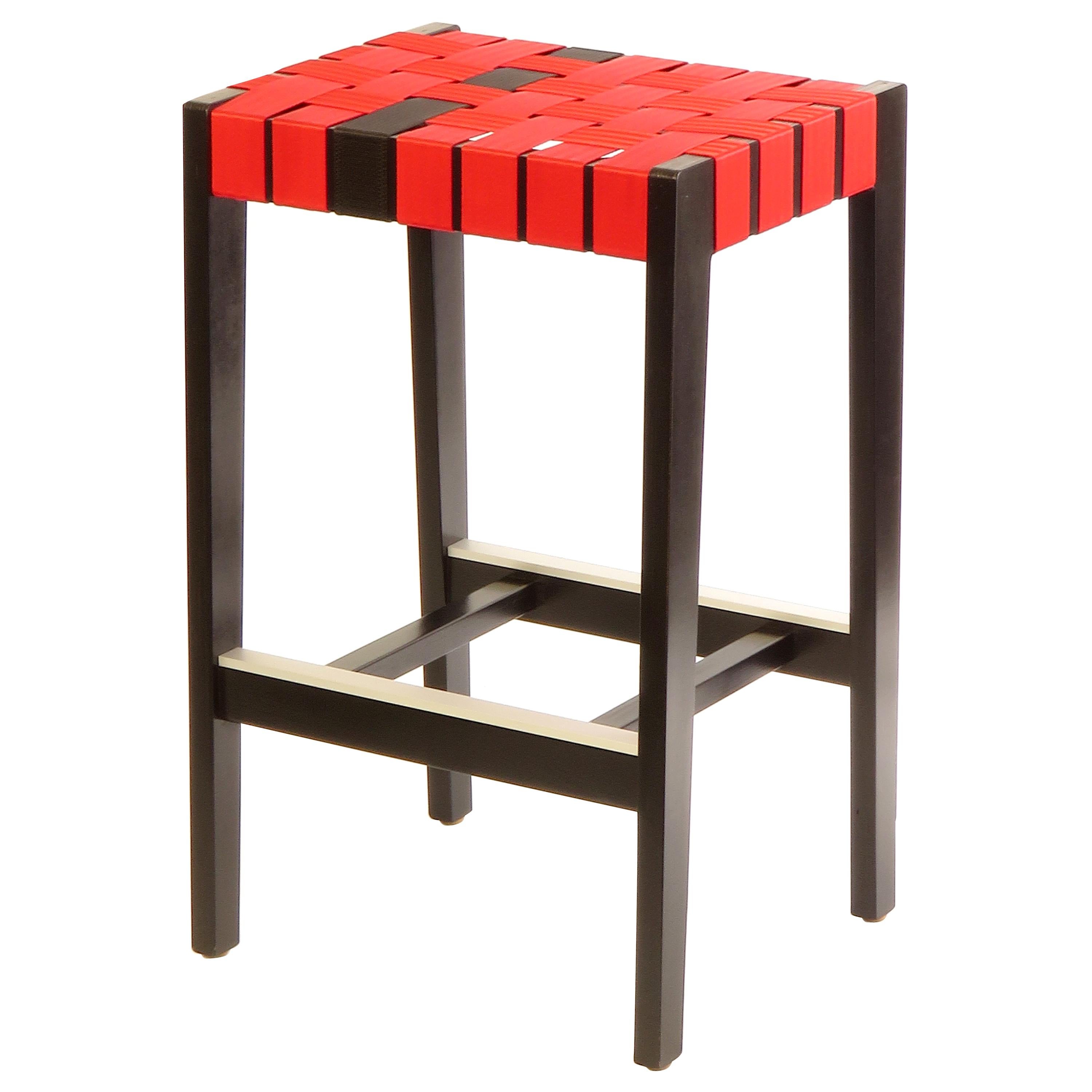 Black Finish Maple Bar Stool with Red and Black Woven Seat by Peter ...