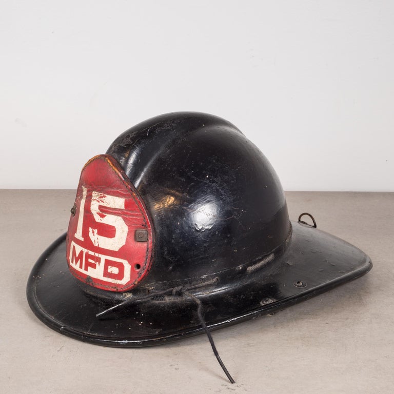 Black Fireman's Helmet with Leather Shield, circa 1940-1950 For Sale at 1stdibs