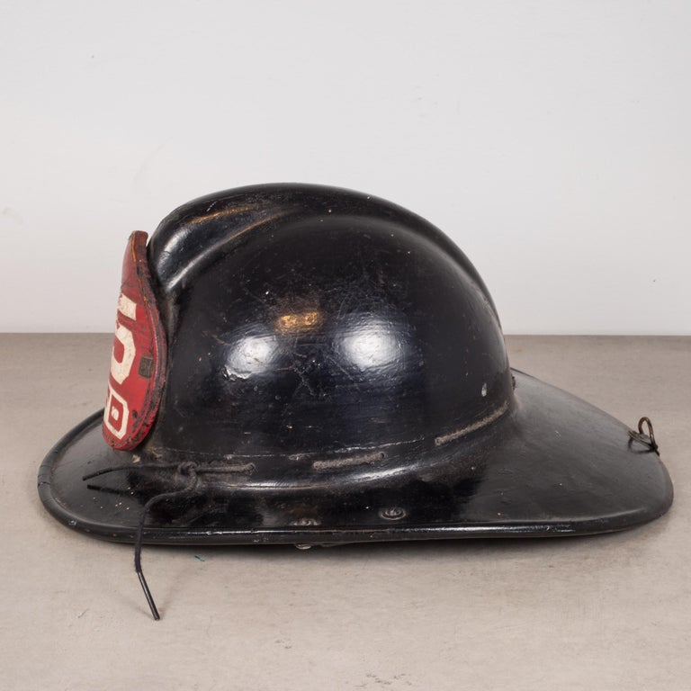 Black Fireman's Helmet with Leather Shield, circa 1940-1950 For Sale at 1stDibs